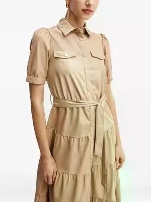 MORGAN Tiered Buttoned Dress With Puff Sleeves And Belt