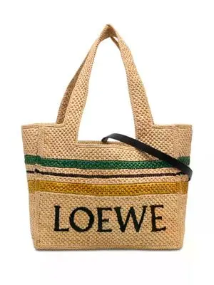Loewe 2023 Paulas Ibiza Medium Raffia Striped Font Tote Satchel - Neutrals