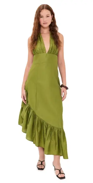 COUPER Gwendolyn Asymmetrical Ruffle Dress - Olive