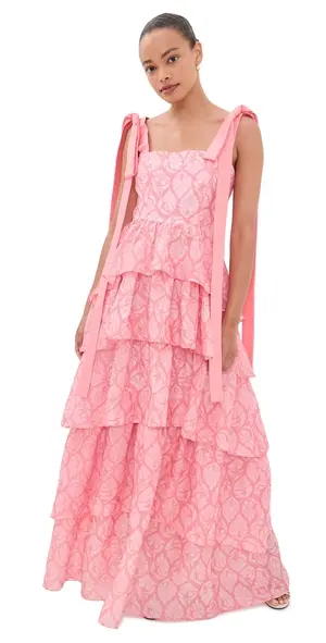 COUPER Odette Tiered Ruffle Gown - Flamingo