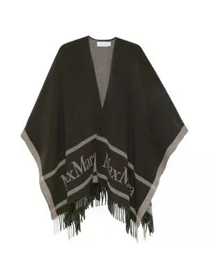 Max Mara Logo Intarsia Fringed Poncho Coat - Green