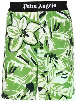 Palm Angels Floral Print Logo Waistband Shorts - Green