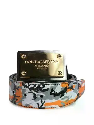 Dolce & Gabbana Camouflage Print Logo Plaque Leather Belt - Orange