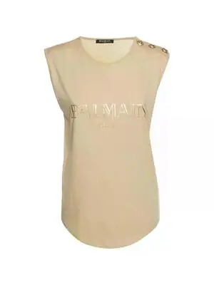 Balmain Sleeveless Logo Print Cotton Top