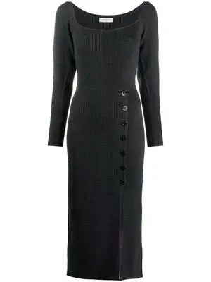 Sandro Ribbed Knit Sweetheart Neck Midi Dress With Button Detail