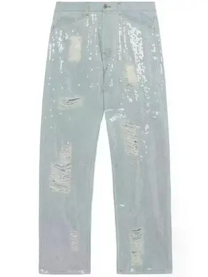 Palm Angels Sequin Embellished Ripped Straight Leg Jeans