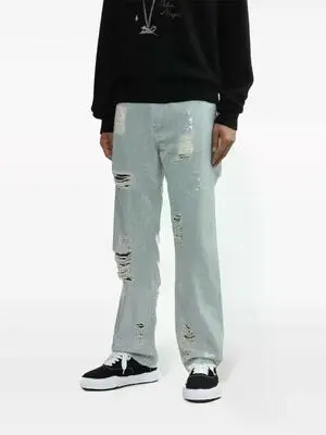 Palm Angels Sequin Embellished Ripped Straight Leg Jeans