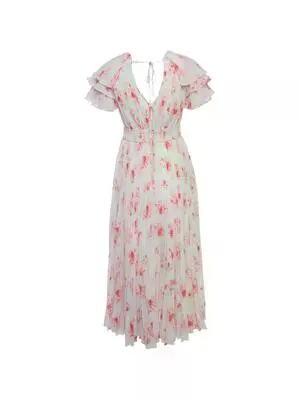 SELF-PORTRAIT Floral Print Pleated Midi Dress - White