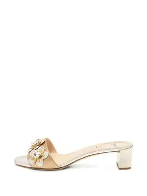 Fendi Tone Leather Floral Embellished Block Heel Sandals
