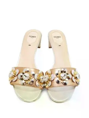 Fendi Tone Leather Floral Embellished Block Heel Sandals
