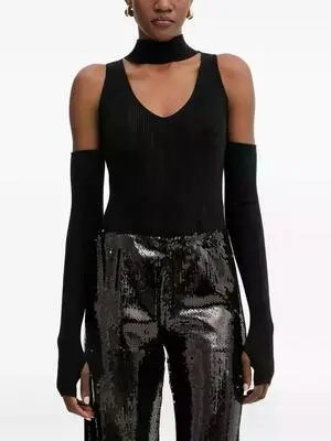 HAVEONE Ribbed V-neck Top With Integrated Collar And Detachable Sleeves