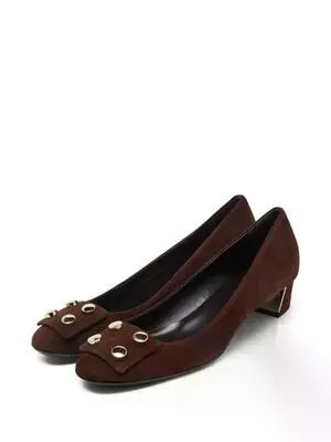 Gucci Suede Rivet Detail Round Toe Block Heel Pumps