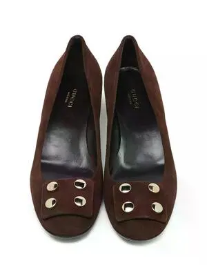 Gucci Suede Rivet Detail Round Toe Block Heel Pumps