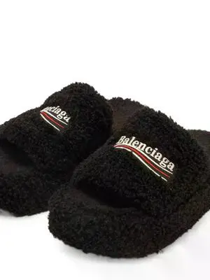 Balenciaga Political Campaign Shearling Platform Flat Sandals