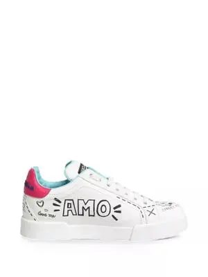 Dolce & Gabbana Graffiti Print Leather Lace Up Sneakers