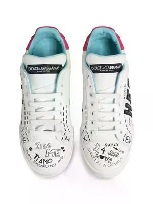 Dolce & Gabbana Graffiti Print Leather Lace Up Sneakers