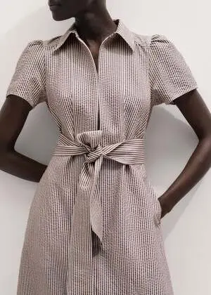 ME+EM Cotton Seersucker Stripe Fit And Flare Midi Dress - Soft White/brown
