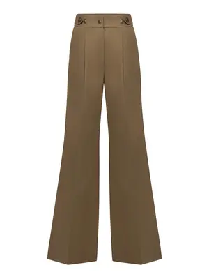 TIA DORRAINE Flared Trousers With Adjustable Waist In Linen Khaki