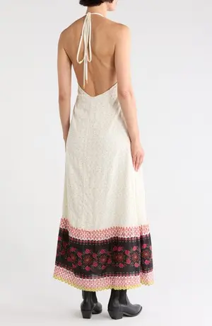 Free People Cubana Border Print Chiffon Halter Maxi Dress