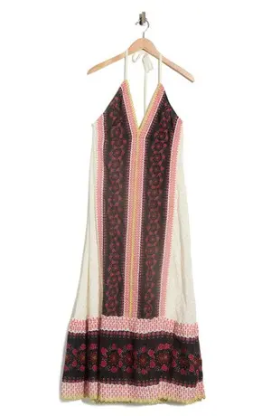 Free People Cubana Border Print Chiffon Halter Maxi Dress