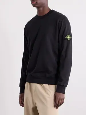 Stone Island Logo-appliquéd Garment-dyed Cotton Fleece Sweatshirt - Black
