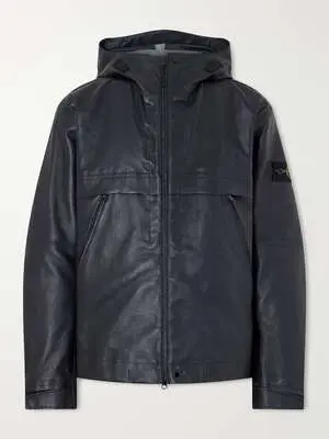 Stone Island Logo-appliquéd Leather Hooded Jacket - Black