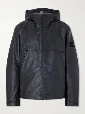 Stone Island Logo-appliquéd Leather Hooded Jacket - Black