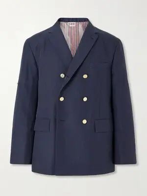 Thom Browne Double-breasted Striped Cotton And Linen-blend Blazer - Blue