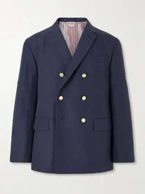 Thom Browne Double-breasted Striped Cotton And Linen-blend Blazer - Navy