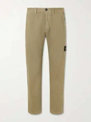 Stone Island Logo-appliquéd Straight-leg Herringbone Cotton Trousers