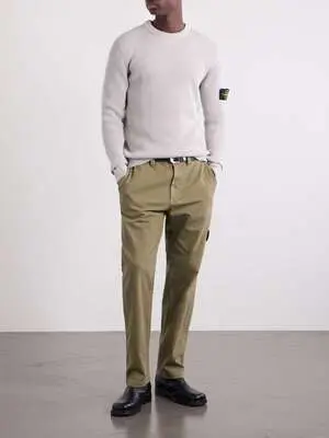Stone Island Logo-appliquéd Straight-leg Herringbone Cotton Trousers