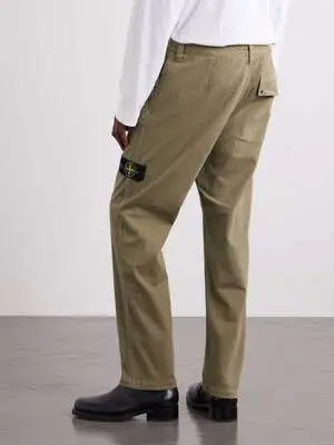 Stone Island Logo-appliquéd Straight-leg Herringbone Cotton Trousers
