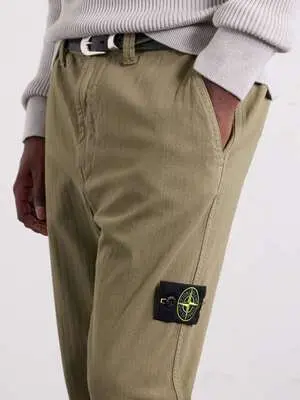 Stone Island Logo-appliquéd Straight-leg Herringbone Cotton Trousers
