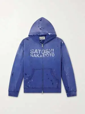 SATOSHI NAKAMOTO Luke Logo-printed Cotton-fleece Zip-up Hoodie - Blue