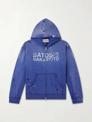 SATOSHI NAKAMOTO Luke Logo-printed Cotton-fleece Zip-up Hoodie - Blue