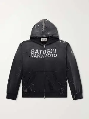 SATOSHI NAKAMOTO Luke Logo-printed Cotton-fleece Zip-up Hoodie - Black