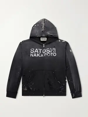 SATOSHI NAKAMOTO Luke Logo-printed Cotton-fleece Zip-up Hoodie - Black