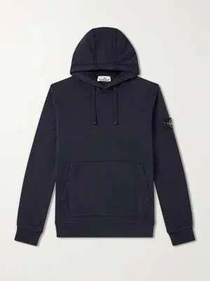 Stone Island Logo-appliquéd Garment-dyed Cotton-fleece Hoodie - Blue