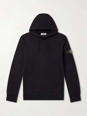Stone Island Logo-appliquéd Garment-dyed Cotton-fleece Hoodie - Black