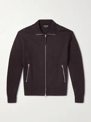TOM FORD Leather-trimmed Merino Wool Zip-up Cardigan - Brown