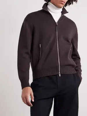 TOM FORD Leather-trimmed Merino Wool Zip-up Cardigan