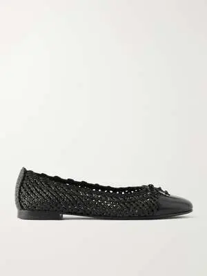 Tory Burch Bow-detail Leather-trimmed Raffia Ballet Flats
