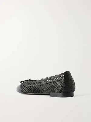 Tory Burch Bow-detail Leather-trimmed Raffia Ballet Flats