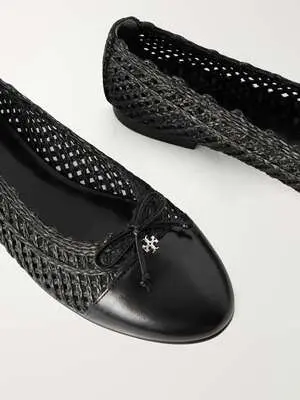 Tory Burch Bow-detail Leather-trimmed Raffia Ballet Flats