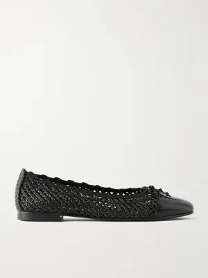 Tory Burch Bow-detail Leather-trimmed Raffia Ballet Flats - Natural