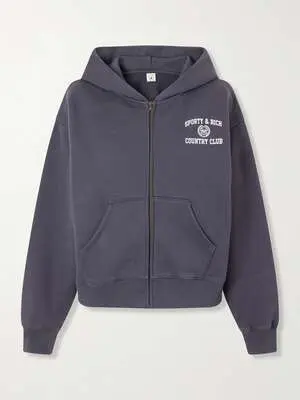 SPORTY & RICH Logo-print Garment-dyed Cotton-jersey Zip-up Hoodie - Gray