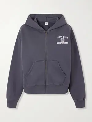 Sporty & Rich Logo-print Garment-dyed Cotton-jersey Zip-up Hoodie - Gray