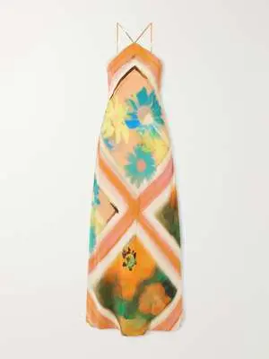 Staud Cubism Striped Floral-print Satin Maxi Dress - Multi