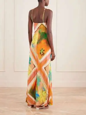 Staud Cubism Striped Floral-print Satin Maxi Dress