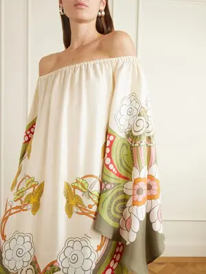 La DoubleJ Goddess Printed Off-the-shoulder Silk-twill Midi Dress - Neutrals